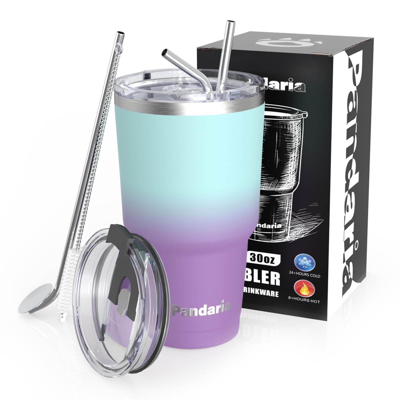 Pandaria 30 oz Insulated Tumblers with Lids and Straws, Double Wall Stainless Steel Tumbler with Straw, Reusable Spill Proof & Leak Proof Tumbler, Perfect for Iced Coffee, Tea & More, Sea