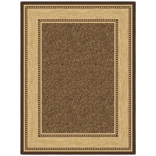 Machine Washable Bordered Design Non-Slip Rubberback 5x7 Traditional Area Rug for Living Room, Bedroom, Kitchen, Dining Room, 5' x 6'6", Brown
