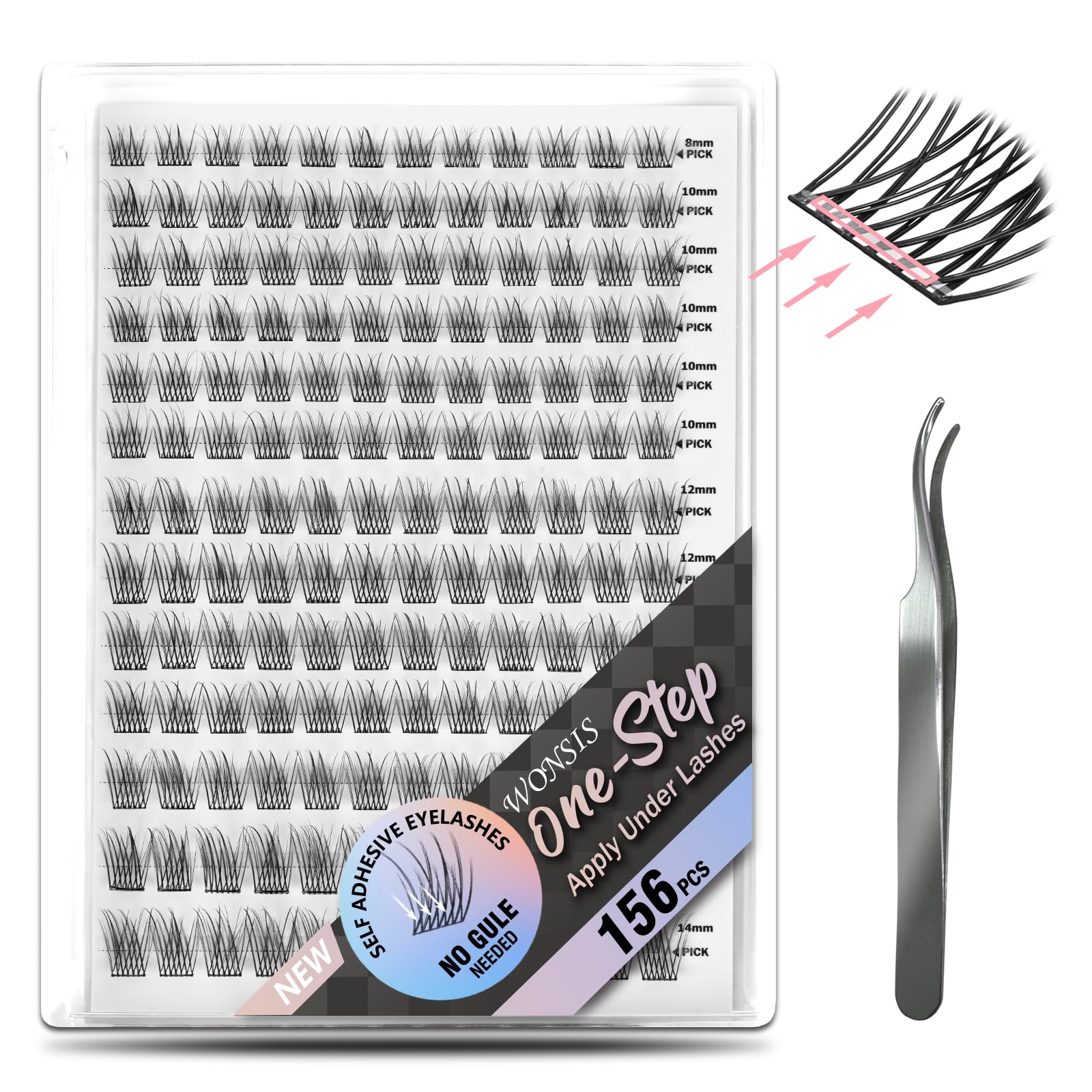 WONSIS Self Adhesive Eyelashes, 156 Pcs Self Adhesive Eyelash Clusters, Fluffy Natural False Eyelashes Strong Hold, Reusable, No Glue Needed,No Sticky Residue Pre Glued Eyelashes