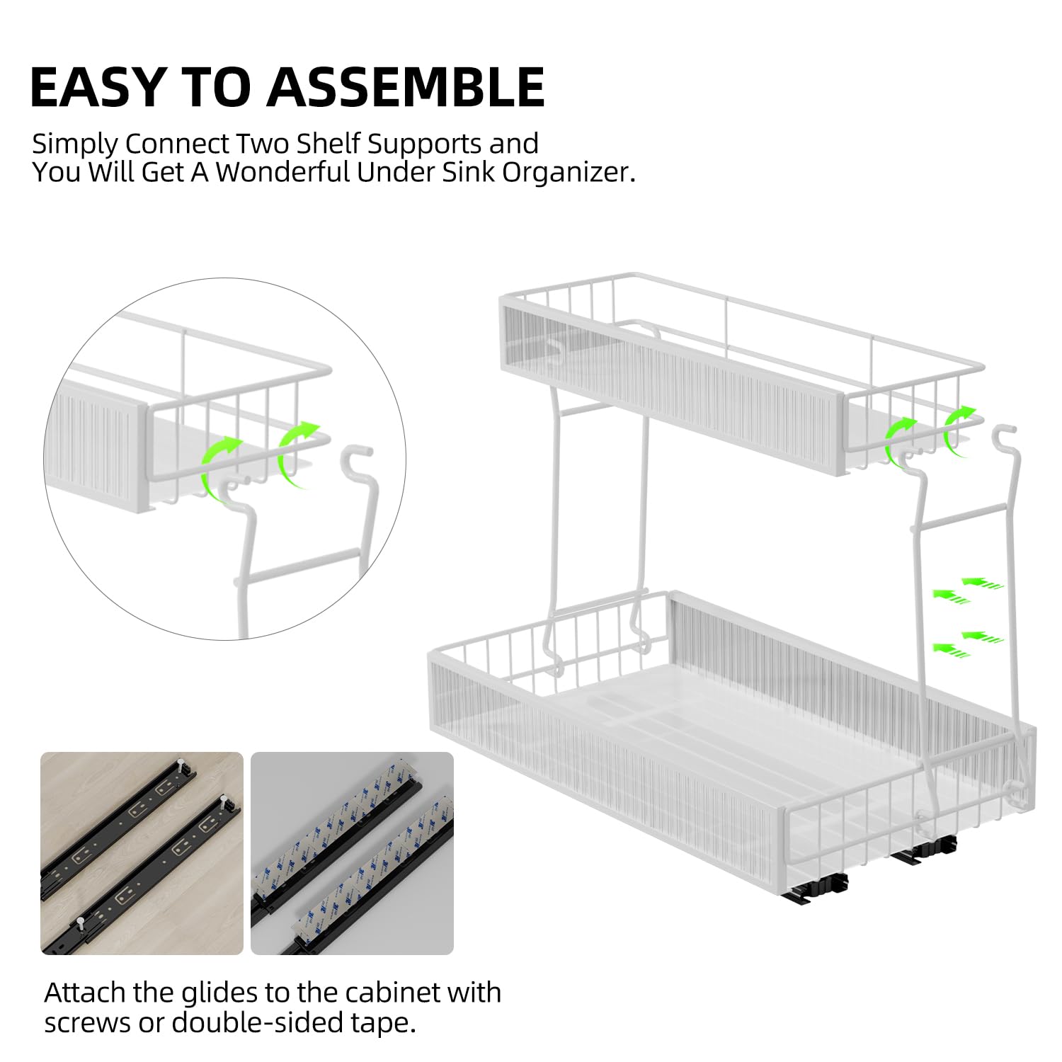 Lxmons 2-Tier Under Sink Slide Out Organizer, Pull Out Cabinet Storage Shelf with Sliding Storage Wire Basket Drawer for Bathroom Kitchen, Countertop or Pantry Storage Shelf, White