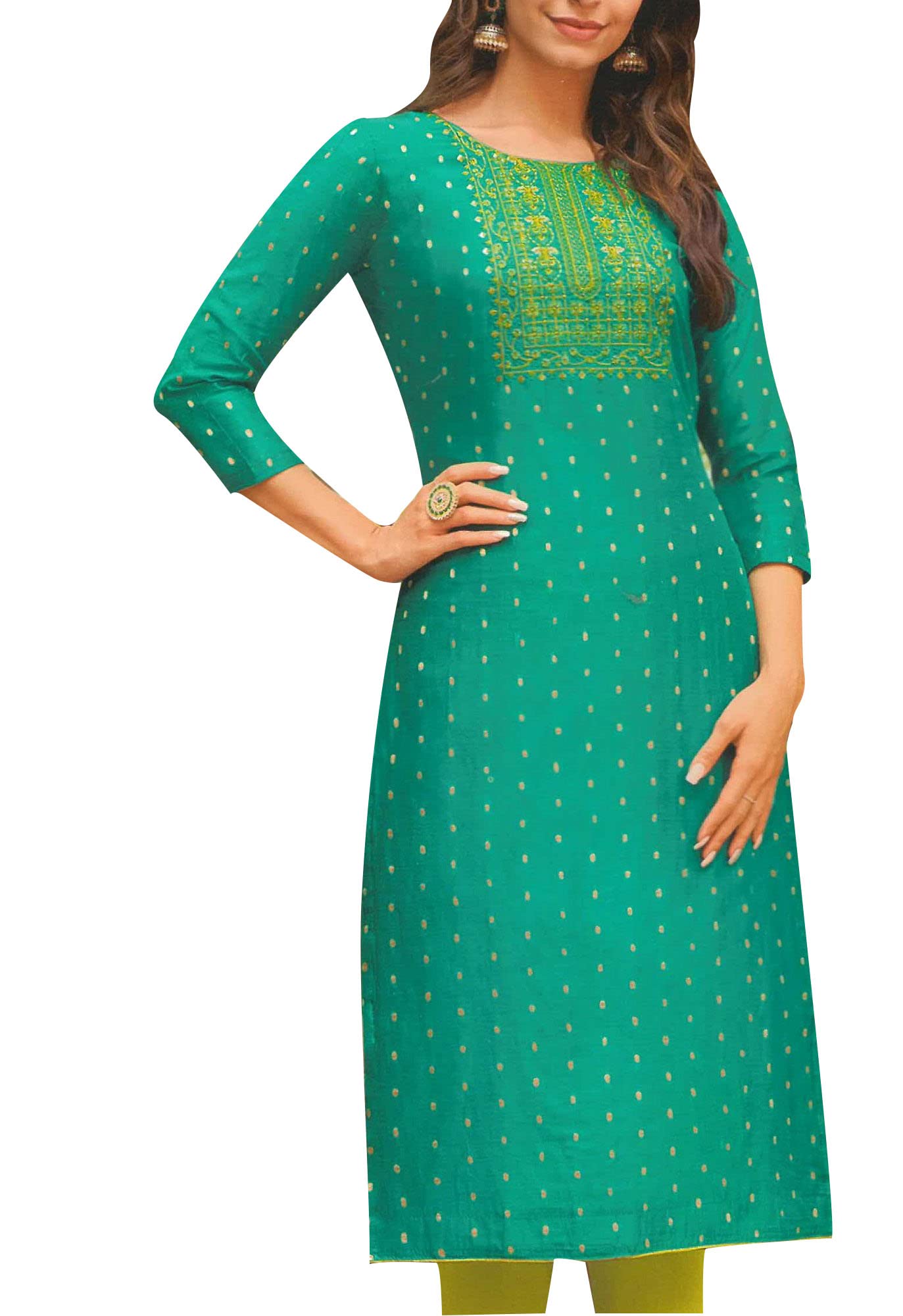 ladyline Jacquard Silk Embroidered Kurti for Women Tunic Top Indian Kurta Dress (Plus-1X/Sea Green/50)