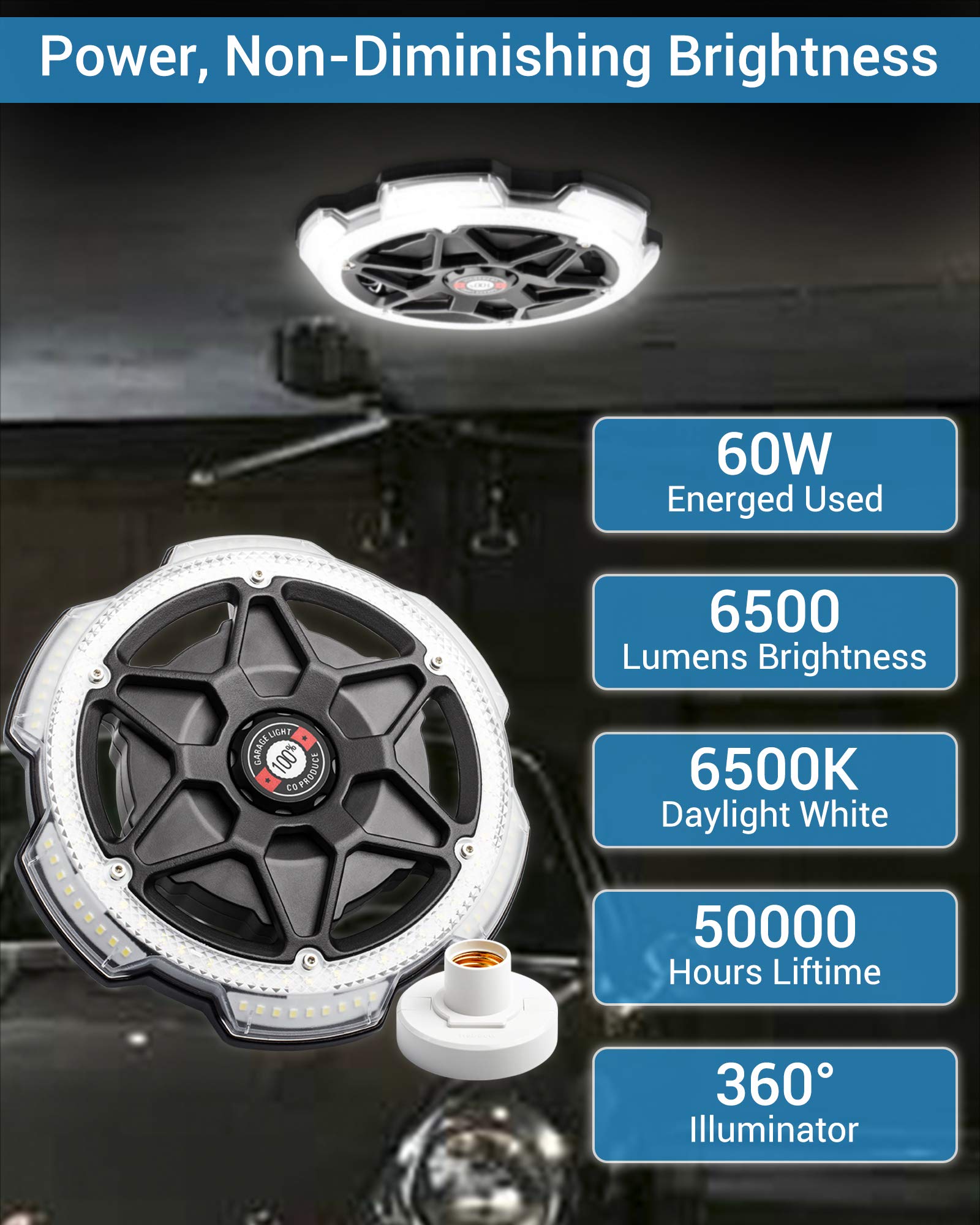NICLUM Garage Light, LED Garage Light E26/E27 Garage Lights 60W Garage Lights Ceiling 6500LM 6500K Led for Garage,Attic,Basement,Home,Office