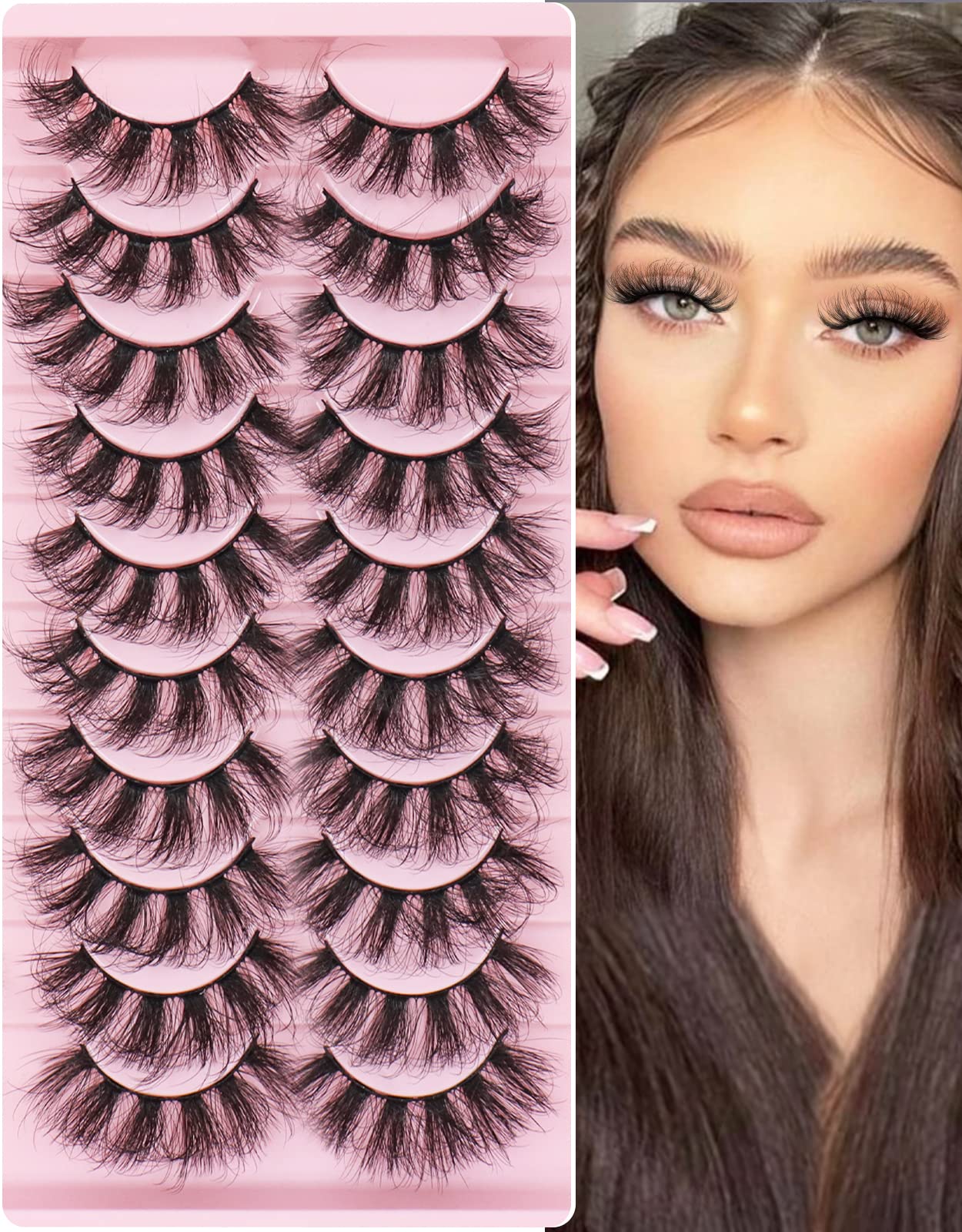 MilyBest Lashes False Eyelashes 10 Pairs Fluffy Cat Eye Faux Mink Lashes PestaƱas Postizas D Curl Volume Fake Lashes Wispy Natural Look Eye Lashes Strip Sets Pack