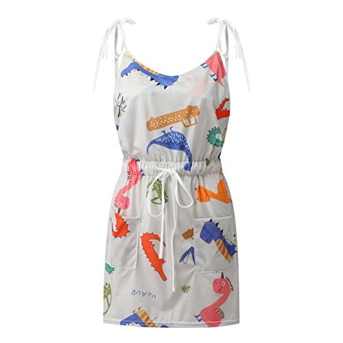 Trendy Women V Neck Dress Spaghetti Straps Sleeveless Drawstring Sling Tank Top Mini with Pocket Jean High Slit White