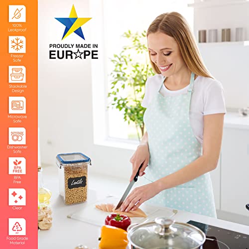 Mueller Airtight Food Storage Container Set with Lids β 14-Piece, Kitchen & Pantry Organization and Storage, Dishwasher, Freezer and Microwave Safe β 14 Labels, 4 Measuring Cups and Marker, Blue