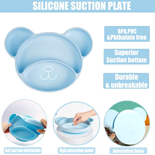 xuan dian Silicone Baby Feeding Set, Silicone Suction Plate Shape Self Feeding Adjustable Bib,Suction Plate for Baby Toddler with Spoon Fork Adjustable Bib Set-Blue