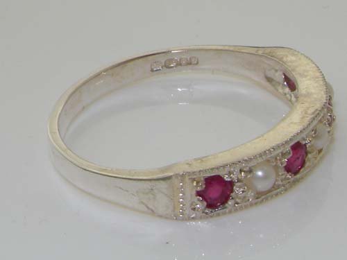 LetsBuyGold 925 Sterling Silver Cultured Pearl and Ruby Womens Band Ring - Sizes 4 to 12 Available