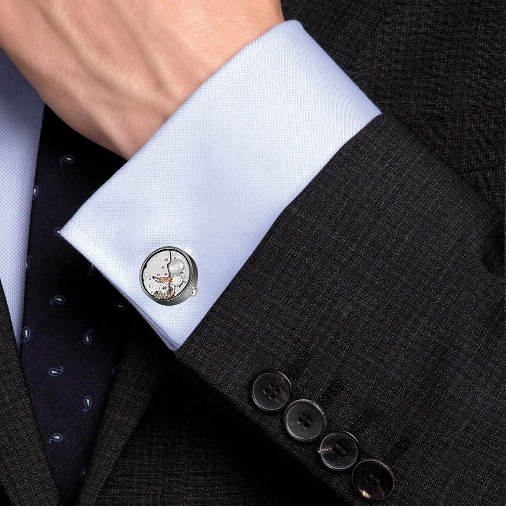 MERIT OCEAN Movement Cufflinks Steampunk Watch Mens Shirt Vintage Watch Cuff Links Business Wedding Gifts (Silver in The Middle)