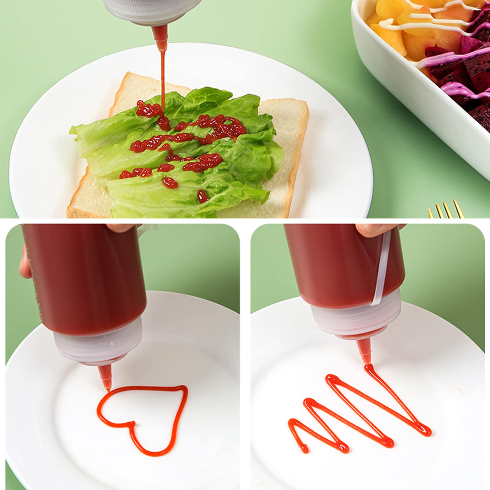 SCWBOEII 6 PCS 12oz Plastic Condiment Squeeze Bottles, Translucent Ketchup Bottles with Measurements For Condiments Olive Ketchup Sauces Dressings and More
