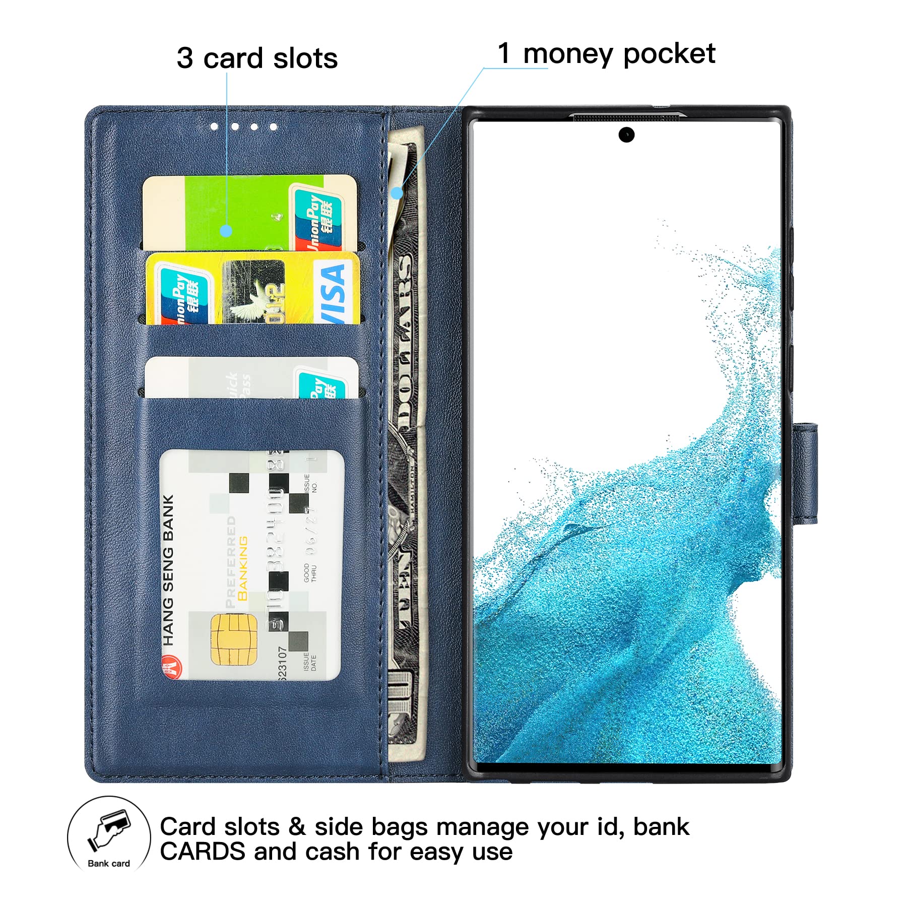 Paton Wallet Case for Samsung Galaxy S22 Ultra,PU Leather Galaxy S22 Ultra 5G Case with Card Holster Stand Magnetic Closure,Shockproof Fold Protective Phone Case for Samsung Galaxy S22 Ultra (Blue)