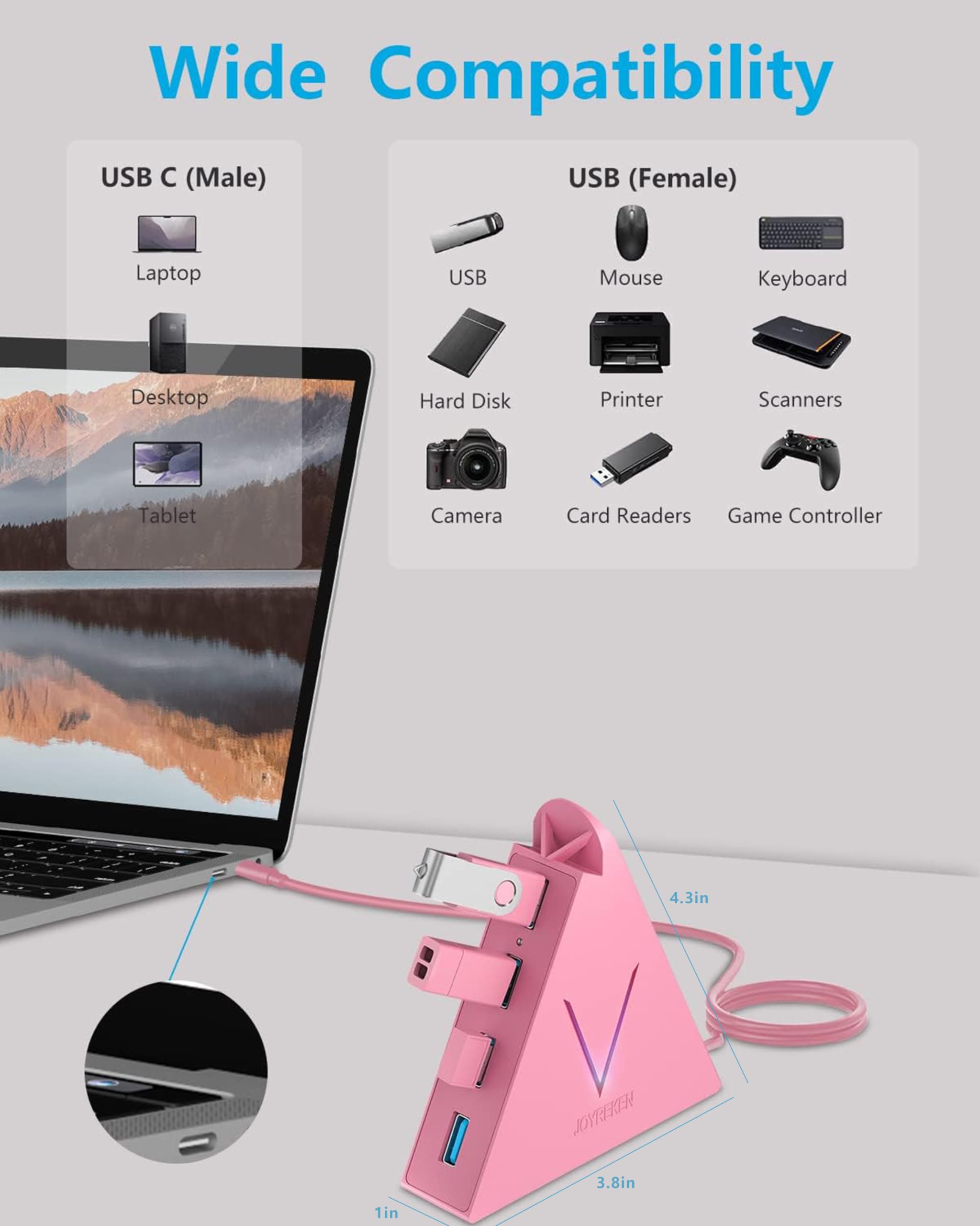 USB C Hub 4 Ports, JoyReken USB C to USB Hub with 4 USB 3.0 Ports for MacBook Pro/Air 2020/2019,iPad Pro,Chromebook,XPS,Galaxy S21 S20, and More (Pink)