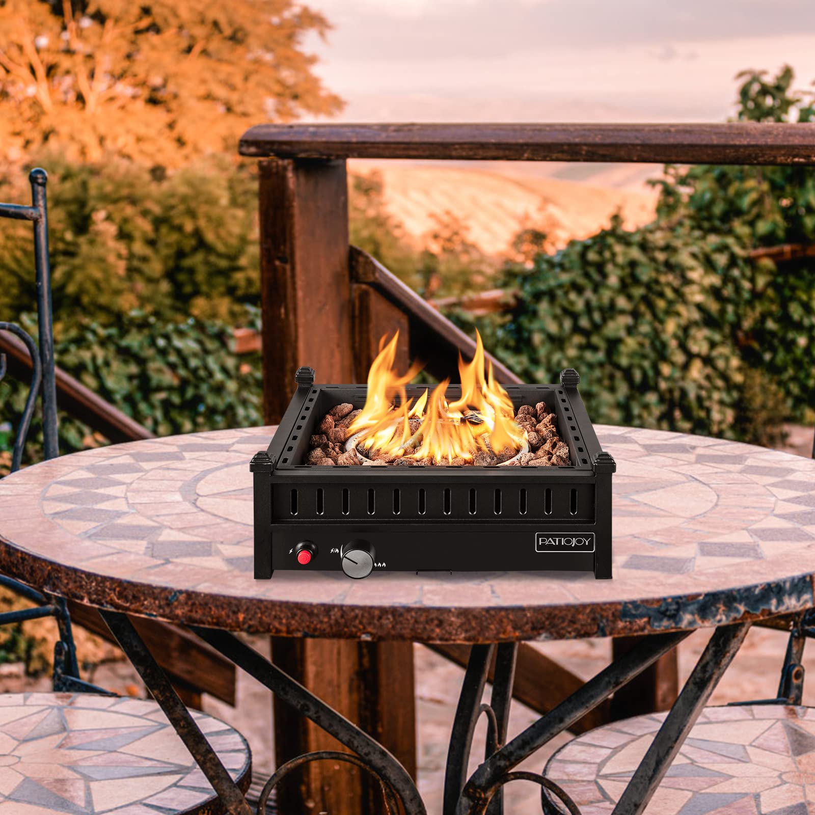 Tangkula Portable Tabletop Propane Fire Pit, Patiojoy 40,000 BTU Table Top Fireplace with Simple Ignition System, Adjustable Flame, Square Propane Firepit Bowl for Outdoors, Fit 2β Umbrella Hole Table