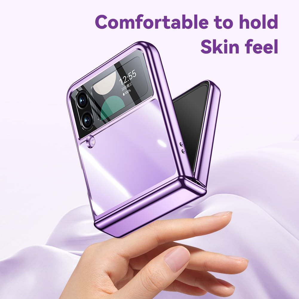 LEIAU for Samsung galaxy z-Flip-4 Case: Transparent Electroplating Protective Phone Case with Full Cover Hinge Protection, Clear Case with Screen Protector for Galaxy Z Flip 4 5G (Purple)