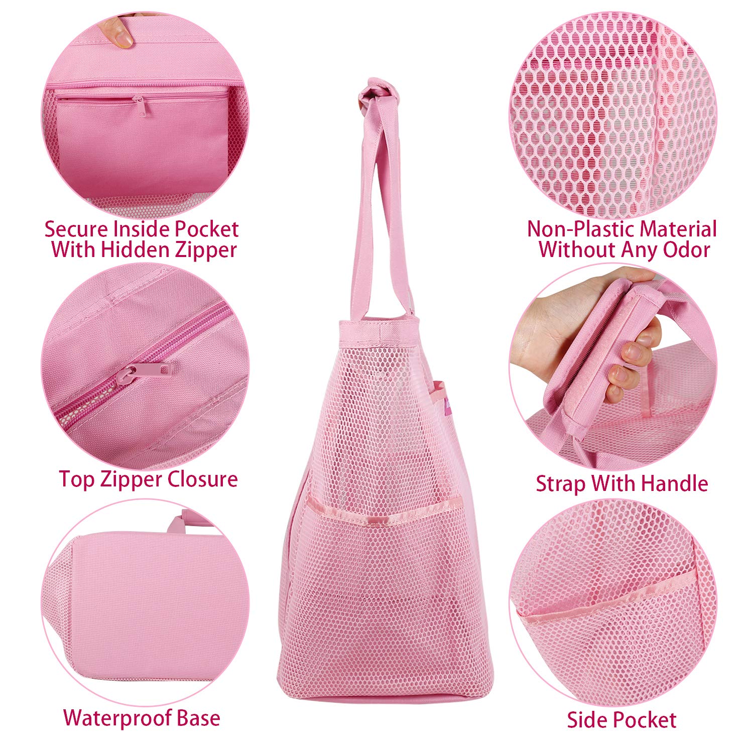 sioglam Large Mesh Beach Bag Pool Bag Zipper Closure Foldable Tote with 7 Pockets Work Out Shopping Shoulder Bag