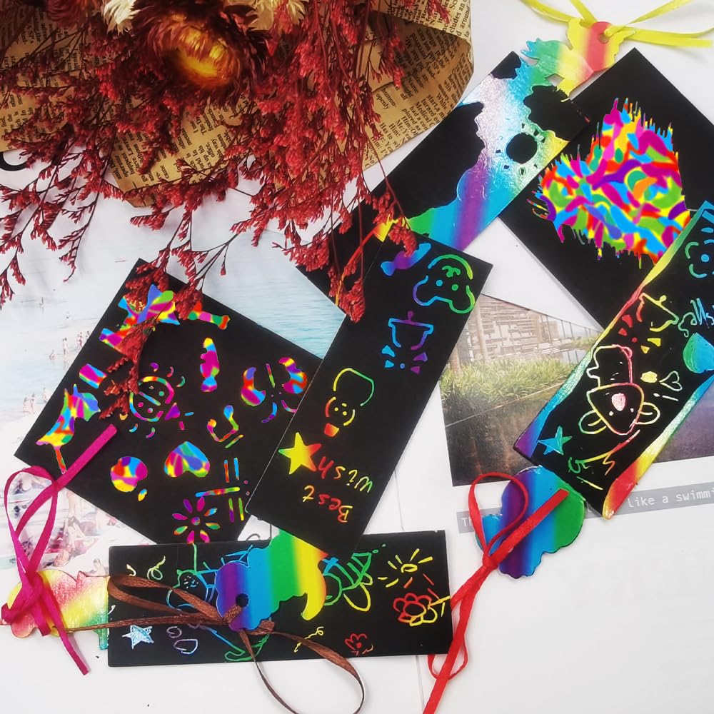 lyfLux 146 PCS Animal Scratch Bookmarks Art, Rainbow Magic Scratch Paper Art Kit for Birthday Parties, Game Activities, DIY Crafts, Decorations