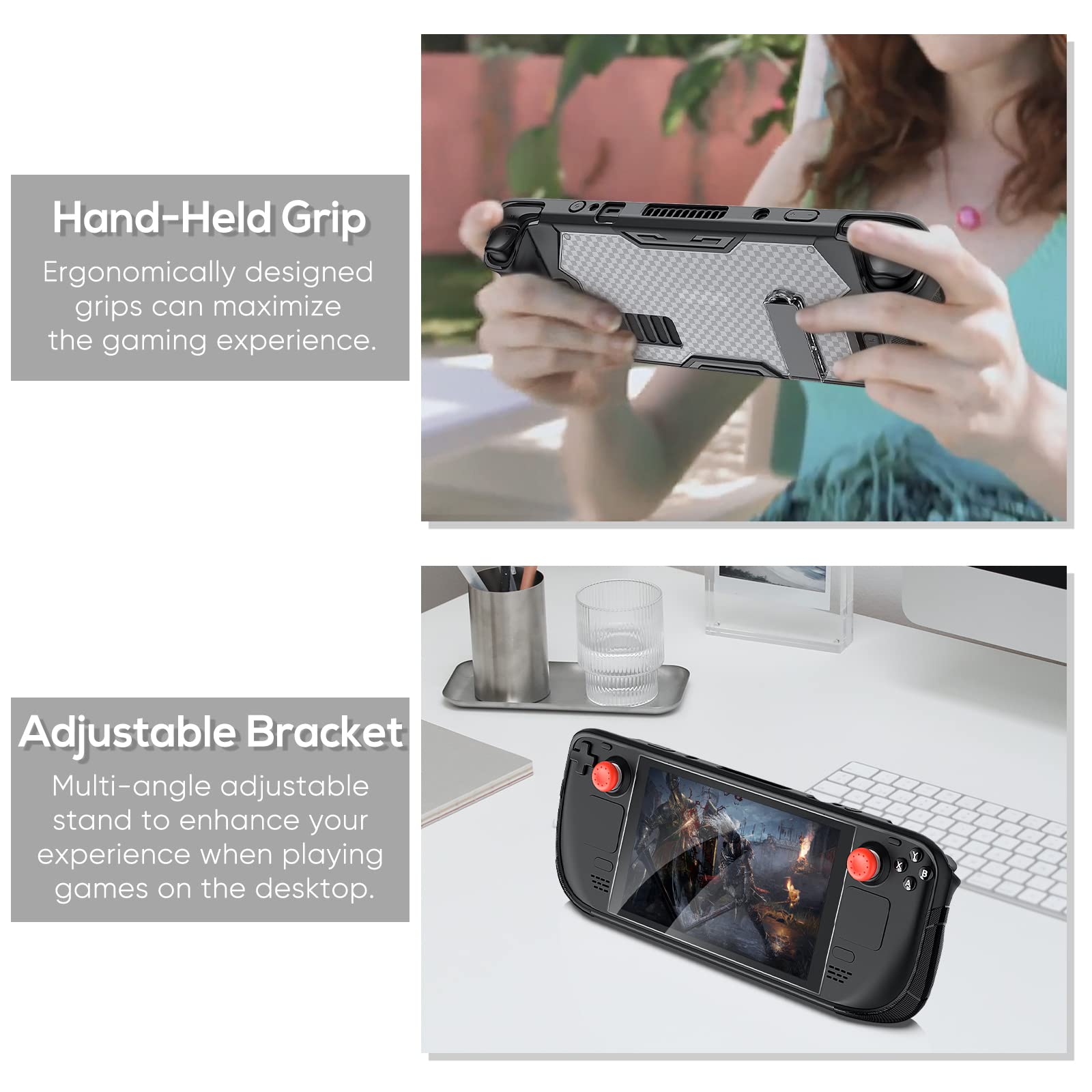 Upgraded Protective Case with Kickstand for Steam Deck/Steam Deck OLED, PC+TPU Cover Case for Steam Deck Accessories Kits with Kick Stand, Screen Protector & Thumb Caps, Flexible Case for Steam Deck