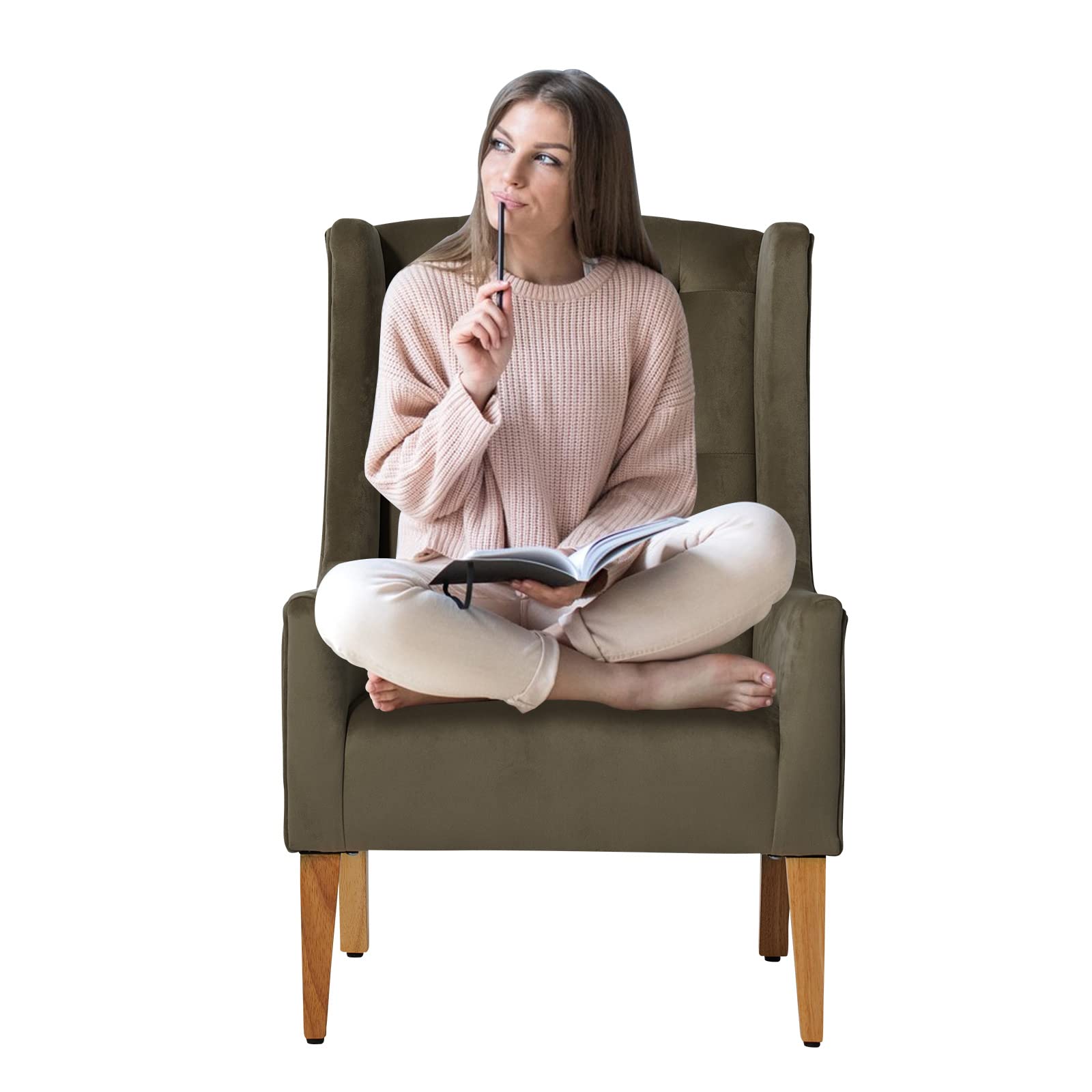 LOVSPATIO Mid-Century Accent Chair,Button Tufted Velvet Armchair with High-Back Rest,Big Cushioned Seat and Solid Wood Legs for Living Room Bedroom (Light Brown)