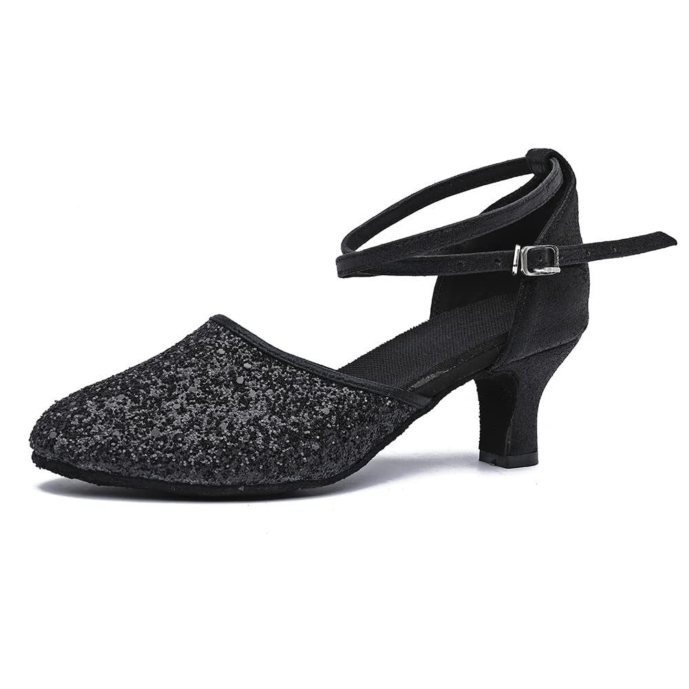 MSMAX Womens Latin Dance Shoe Mid Heel Glitter Party Dancing Sandals Black 10 M US Women