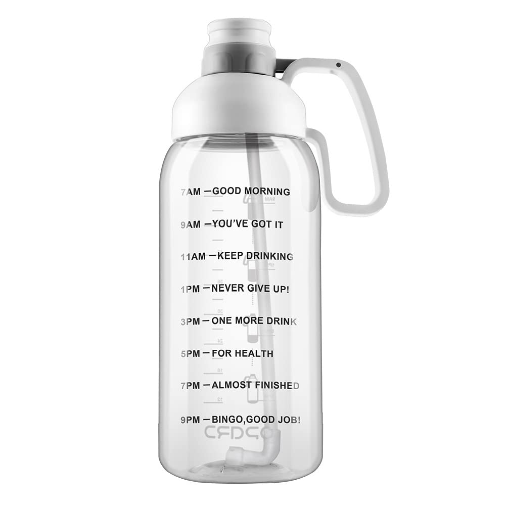 Opard Half gallon Water Bottle with Time Marker, 64oz Motivational Water Jug Large Sports Water Bottle with Straw Handle BPA Free for Gym Fitness (White)
