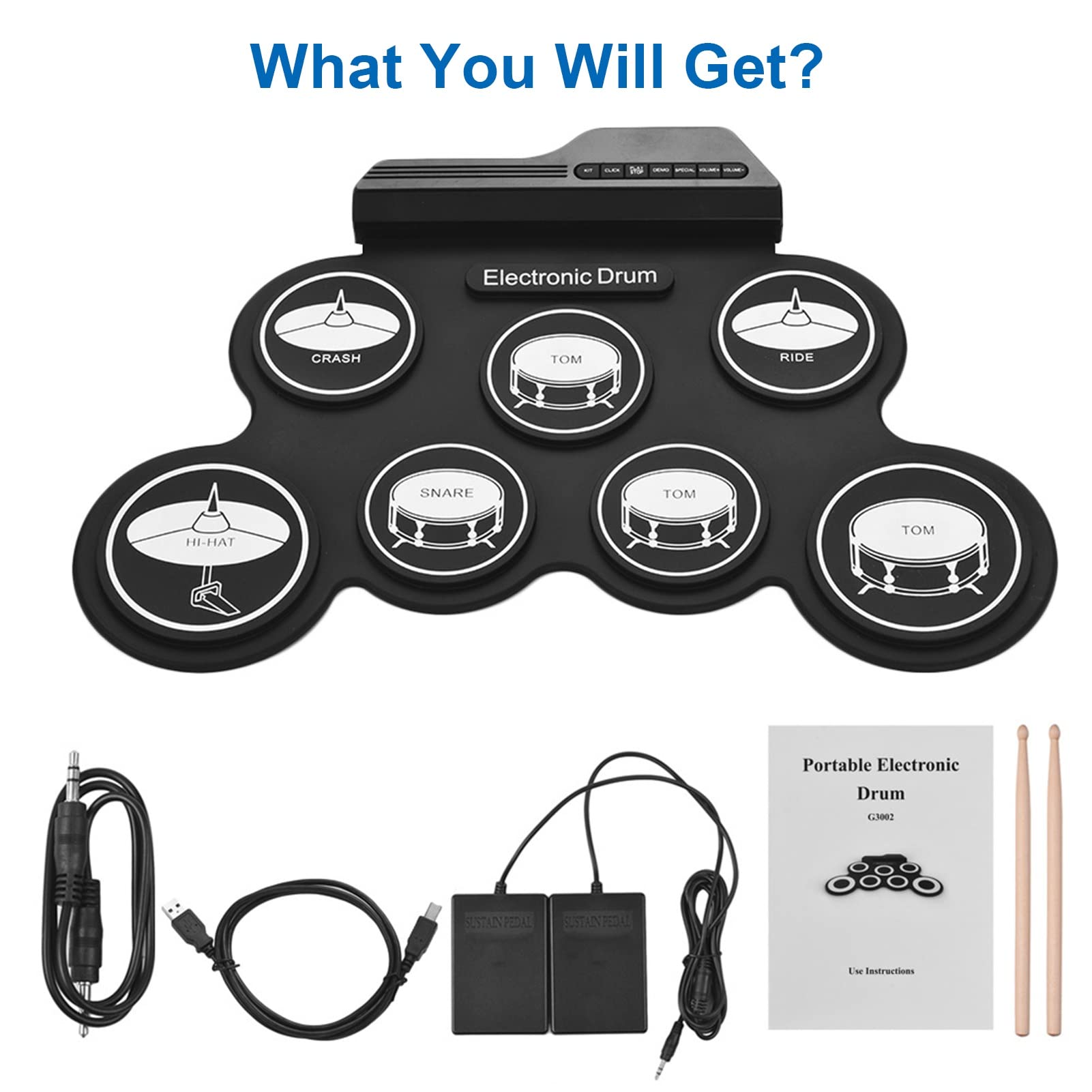 TUU Electronic Drum Set with 7 Pads Roll Up Drum Practice Pad Drum Kit with Drum Sticks, Headphone Jack and Pedals, Christmas Birthday Gifts Suitable for Begineer