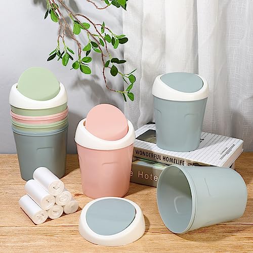 Zhehao 8 Pcs Plastic Mini Wastebasket Trash Can with Swing Lid and 360 Trash Bags Desktop Small Waste Garbage Bin Countertop Tiny Vanity Tabletop Waste Paper Basket for Home, Office, Bedroom, Kitchen