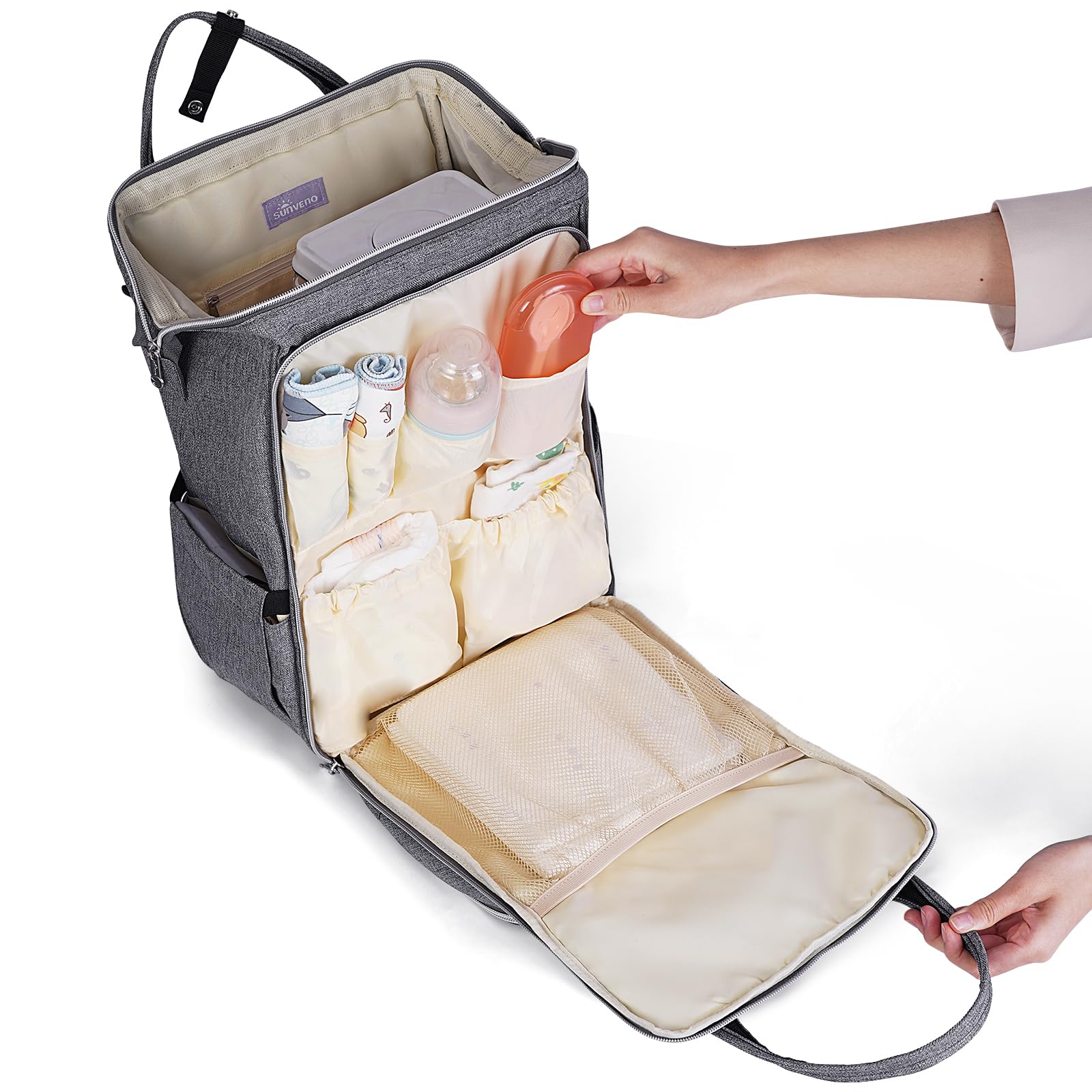 SUNVENO Baby Diaper Bag Backpack, Large Capacity Travel Backpack with Portable Changing Pad for Moms Dads, Grey