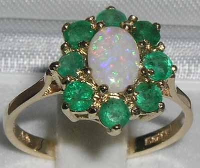 LetsBuyGold 14k Yellow Gold Real Genuine Opal and Emerald Womens Promise Ring - Size 9