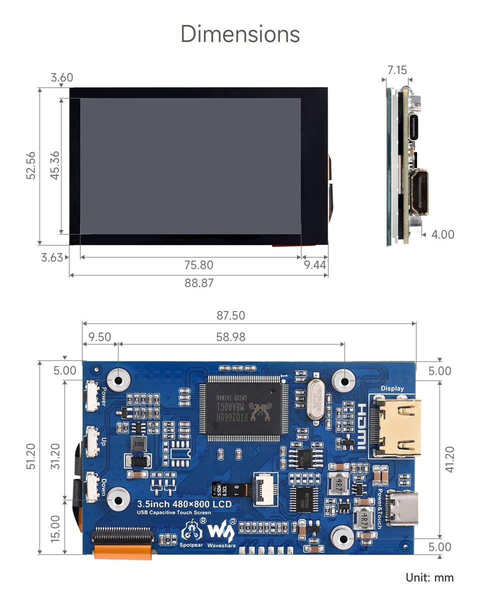 waveshare 3.5inch IPS Capacitive Touch LCD Display, Compatible with Raspberry Pi 5/4B/3B/Zero/Zero W/Zero 2W/Pico/Pico W/Pico WH, 480×800, Adjustable Brightness