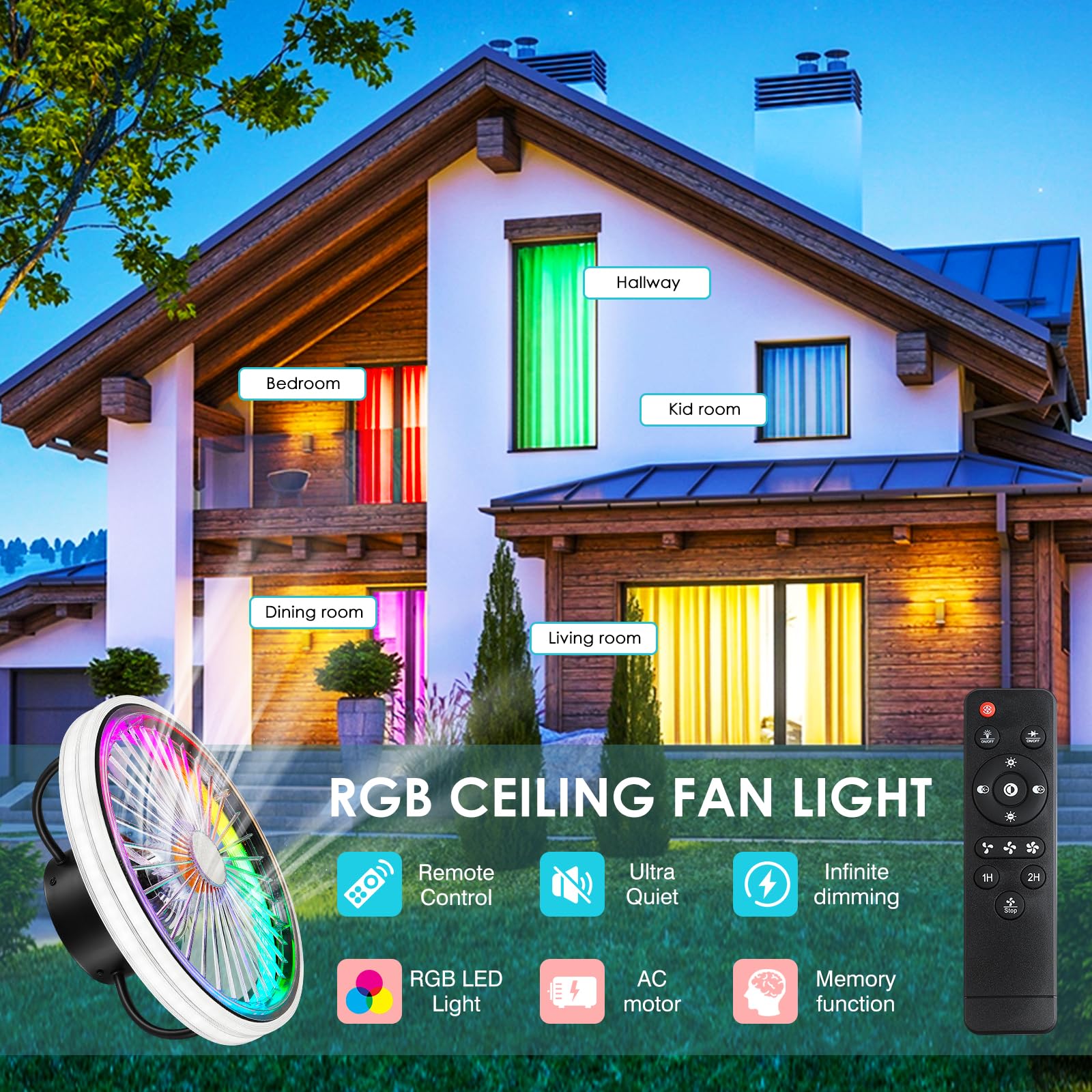 Low Profile Ceiling Fan with Light - Modern Flush Mount Ceiling Fan,15" RGB Dimmable LED Enclosed Ceiling Fans,Modern Bladeless LED-RGB Ambient Light for Bedroom Kids Room Party(Black)