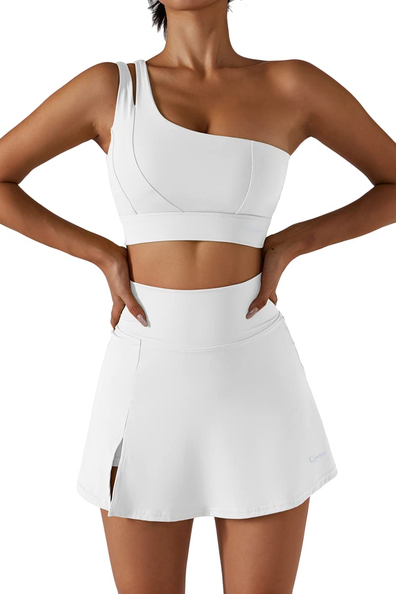 QINSEN Womens Slimming Fit Yoga Skorts Soft Stretch Tummy Control Workout Tennis Skirt White S
