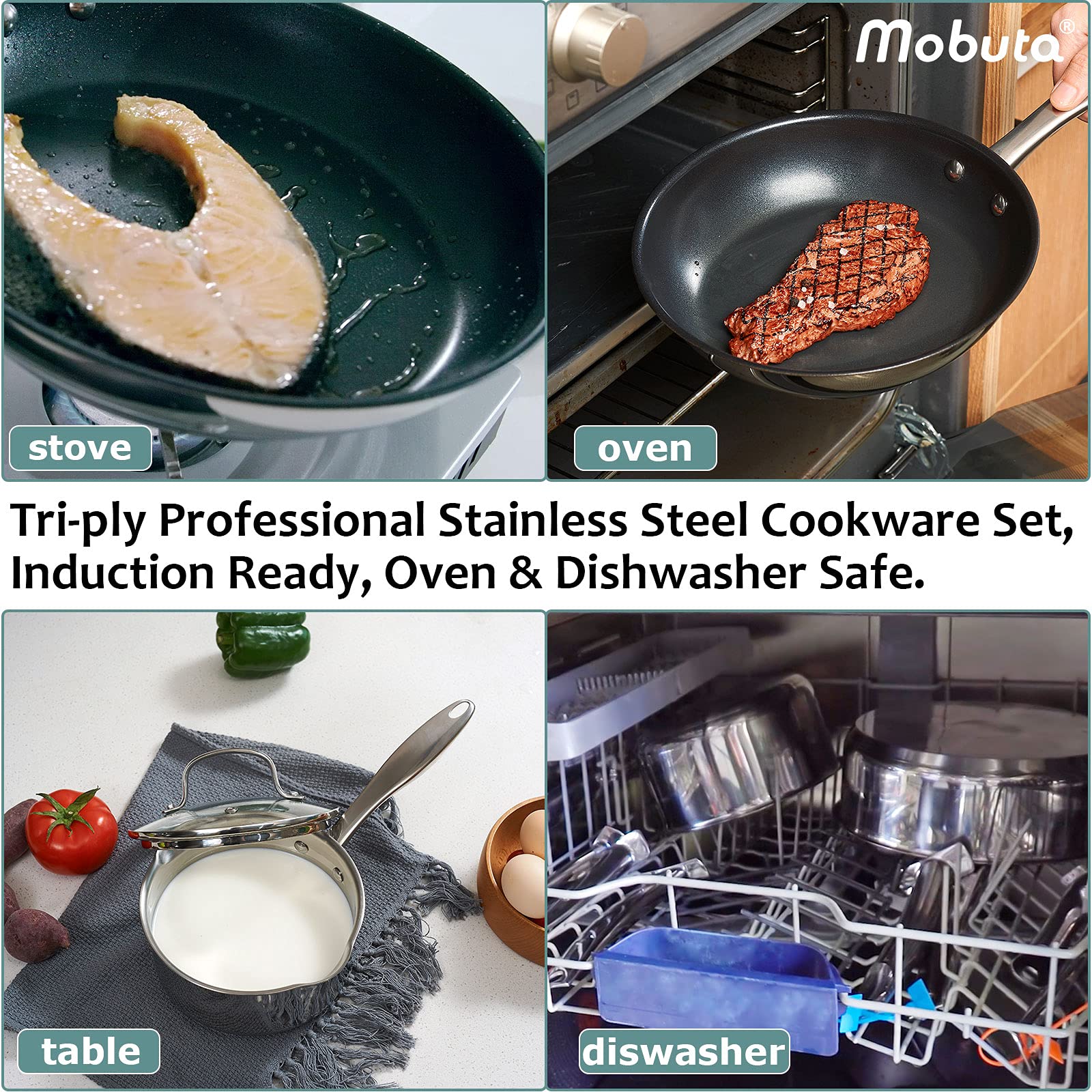 Mobuta 12 Piece Stainless Steel Professional Kitchen Cookware Set, Induction Pots and Pans Set with Tri-Ply Base,Glass Lids and Riveted Handles,Dishwasher & Oven Safe