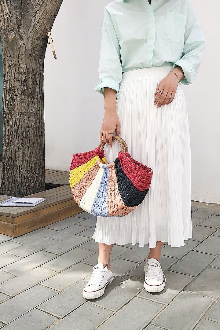 QZUnique Straw Rainbow Handbags Women’s Cotton Crochet Hand-Woven Tote Bag Top Handle Casual Shoulder Messenger Portable Bag