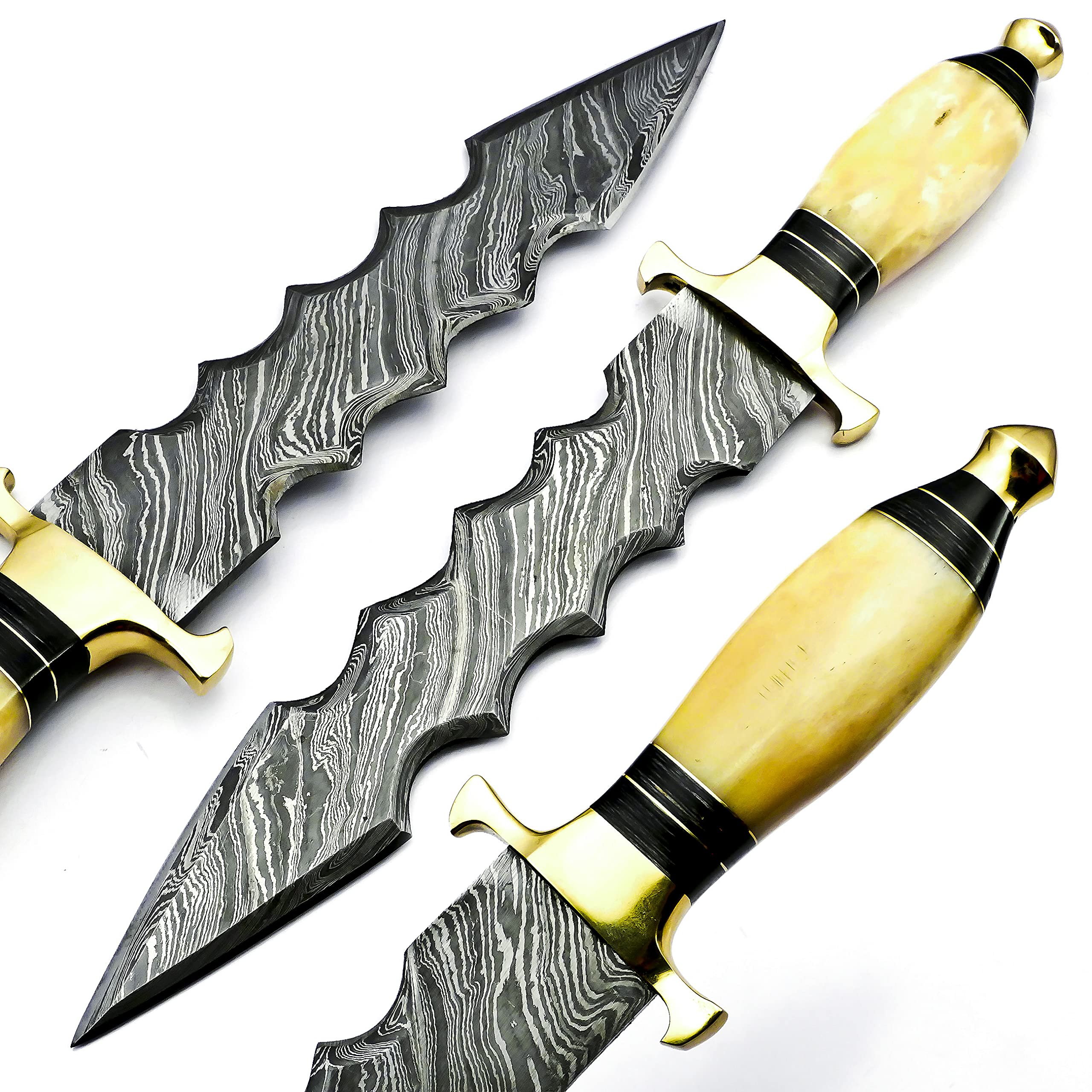 Mid American Cutlery Damascus Steel Fixed Blade Hunting Knife Handle Camel Bone Brass Pommel
