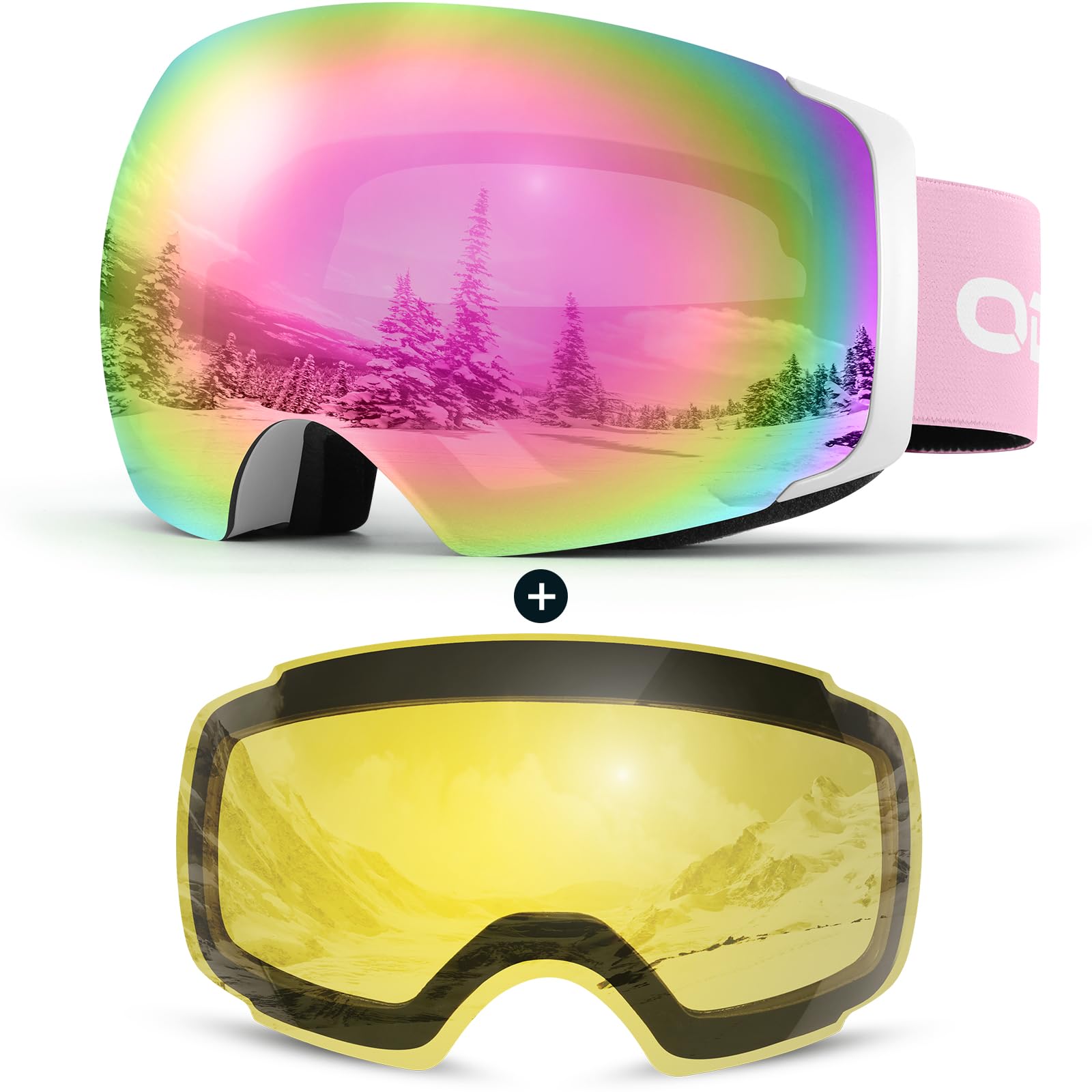 Odoland Magnetic Interchangeable Ski Goggles with 2 Lens, Large Spherical Frameless Snow Snowboard Goggles for Men Women, White Frame Purple Lens vlt 25%