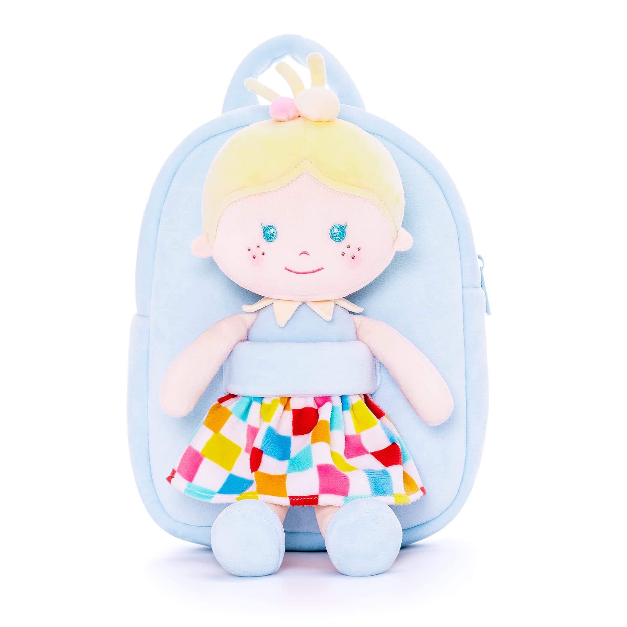 Onetoo Toddler Kids Backpack with Soft Baby Dolls in Plaid Dress 9.5"