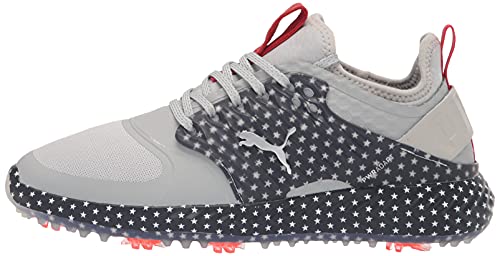 PUMA Men's Ignite Pwradapt Caged USA Golf Shoe, High Rise-Navy Blazer-High Risk Red, 9