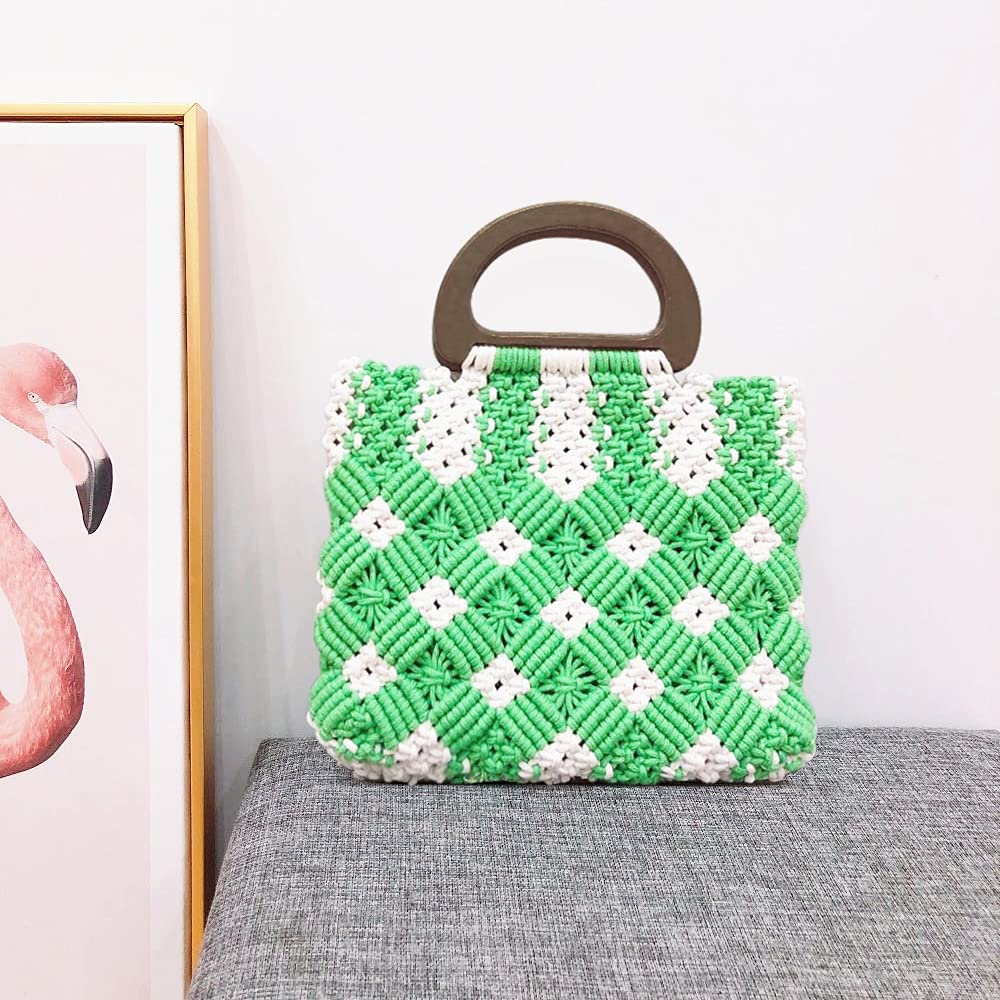 QTKJ Hand-Woven Boho Color Matching Women's Summer Beach Tote Bag Crochet Clutch Bag Woven Envelope Bag with Wooden Handle (Green&White)
