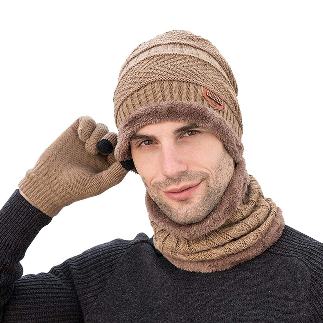Man Winter Warmer Beanie Hat Scarf and Touch Screen Gloves,Fleece Lining Hat Scarf and Gloves Sets for Man Women (navy, 4)