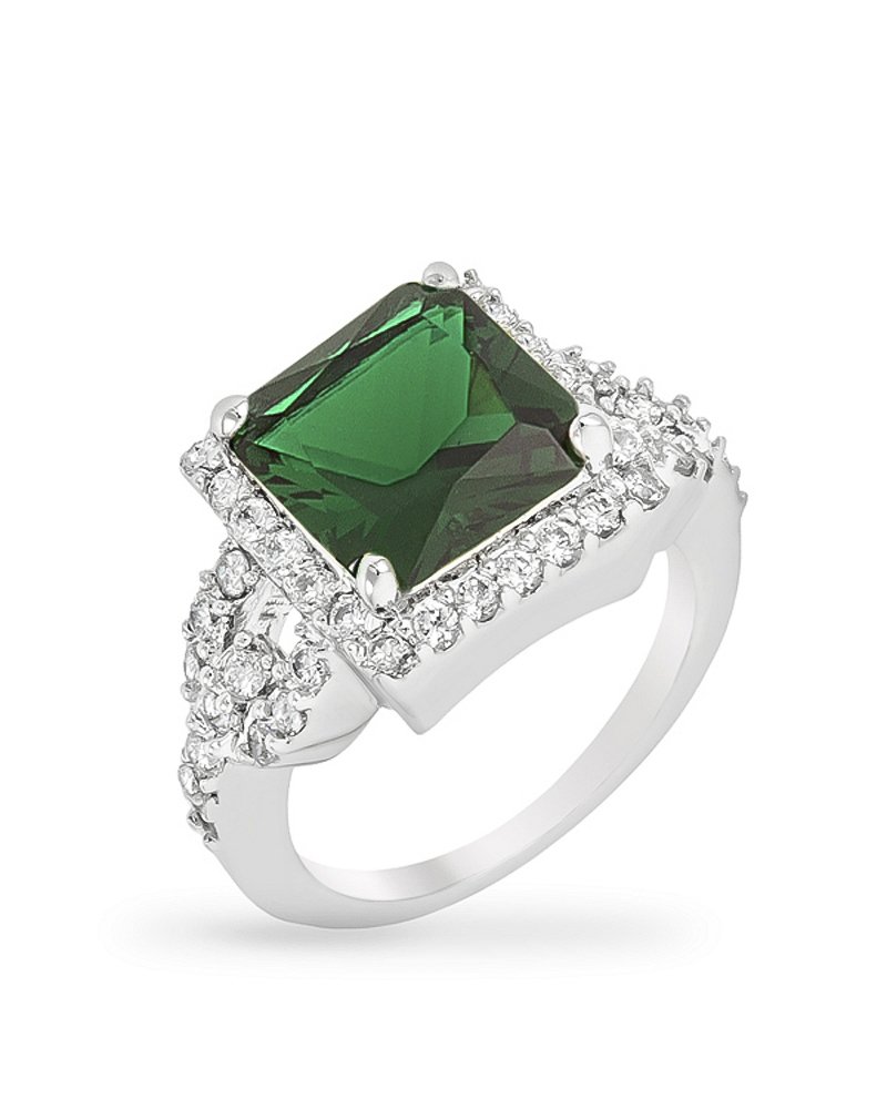 Kate Bissett Halo Style Engagement Ring with 10mm Princess Cut Emerald Green and Round Cut Clear CZ (9) Size 9
