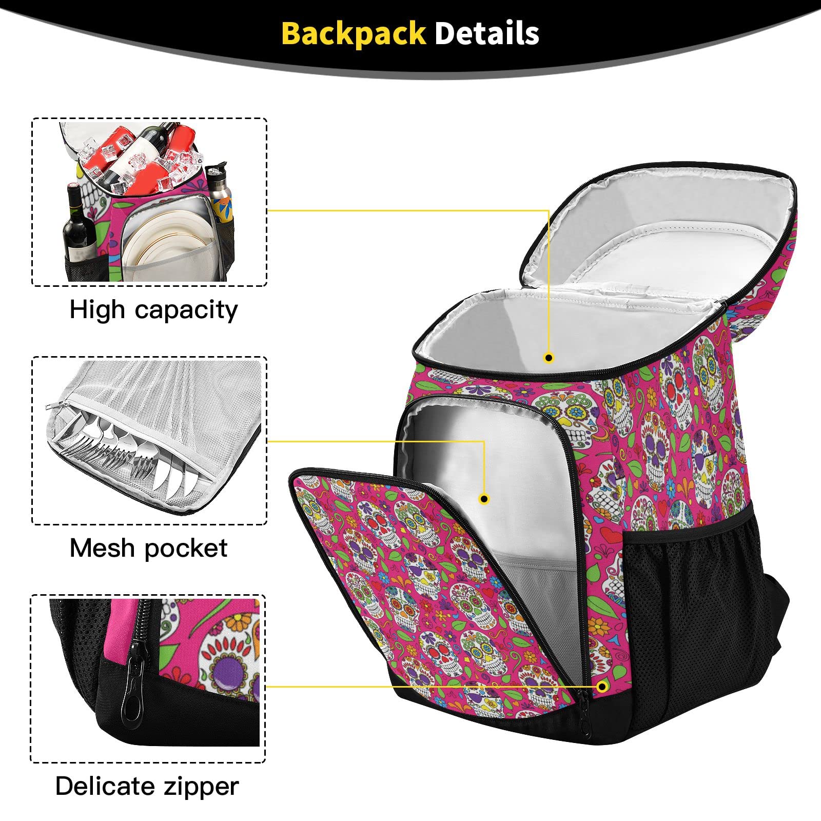 Sugar Skull Day Off The Dead Pink Cooler Backpack Insulated Waterproof Leak Proof Beach Cooler Bag Lightweight Lunch Picnic Camping Backpack Cooler for Men and Women