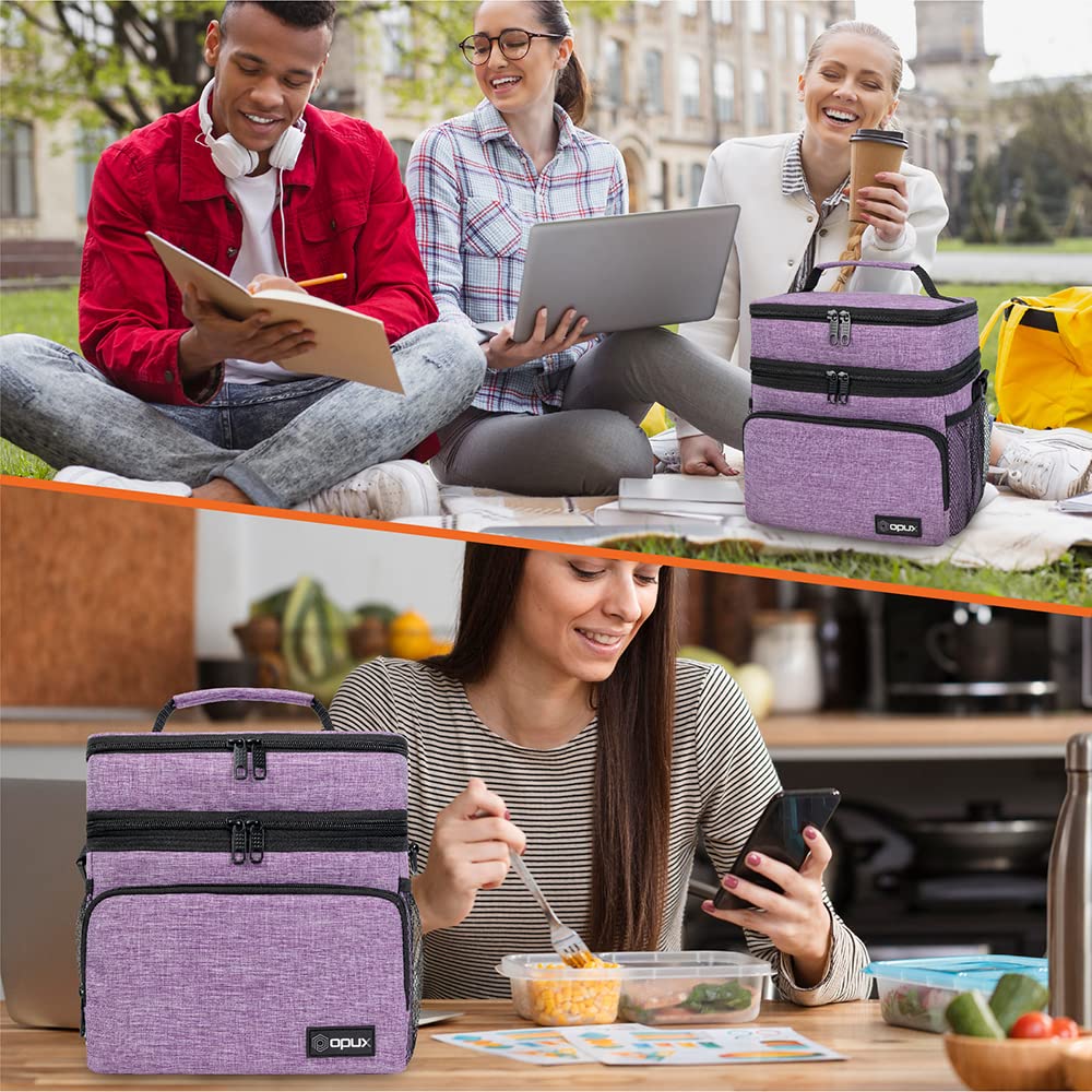 opux Insulated Lunch Bag for Men Women, Large Dual Compartment Cooler Bag, Soft Two Deck Lunch Box for Work School Picnic, Leakproof Lunch Tote with Shoulder Strap for Kid Adult (Purple, Double Deck)