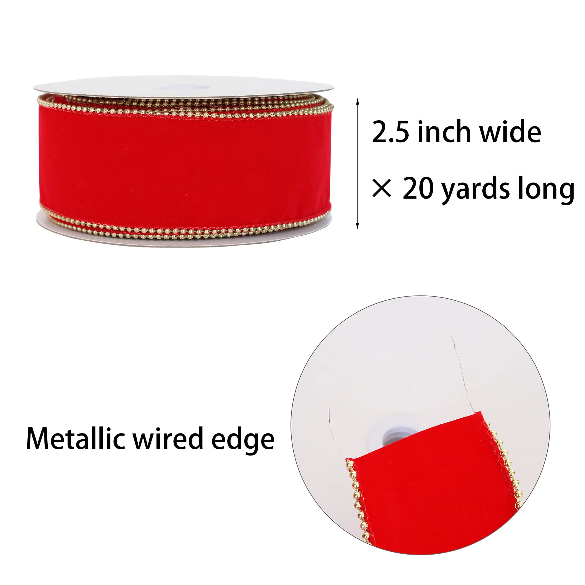Liphontcta Cintago 2-1/2 Inch, 20 Yards Red Velvet Wired Ribbon with Gold Beads Edge, Christmas Wire Edge Ribbon (red)