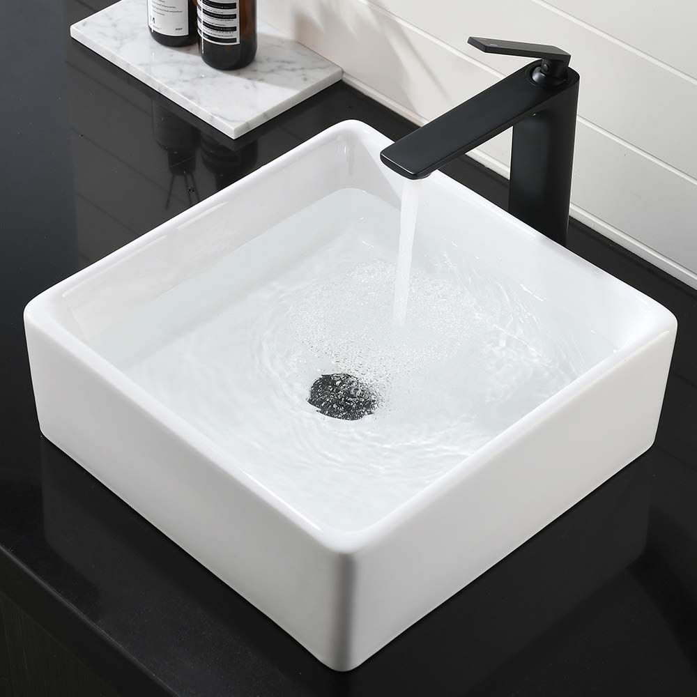 SOMRXO Bathroom Vessel Sink Square Vessel Sink For Bathroom 15"X15" Above Counter Bathroom Sink White Porcelain Ceramic Bathroom Vessel Sink Vanity Sink Art Basin