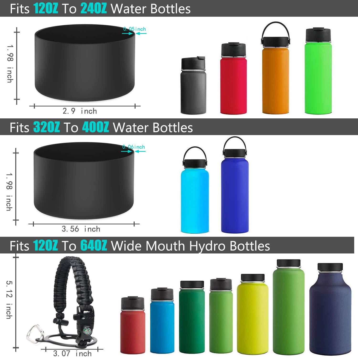 nononfish Paracord Handle for Standard Mouth Water Bottle, with Safety Ring, Carabiner, Compass, Plus Water Bottle Sleeve 40 oz and 50 Anime Stickers Straw Water Bottle Set