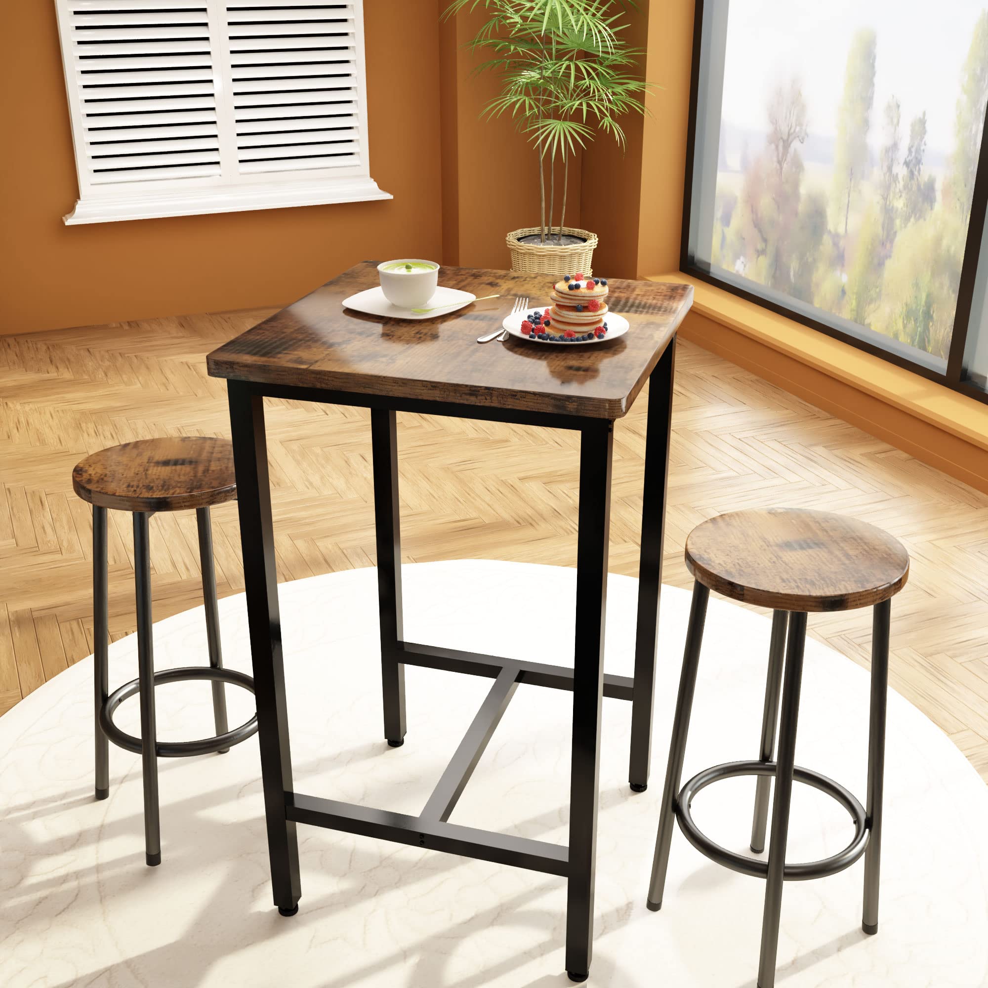 Lamerge Bar Table Set, Square Bar Table Set with Stool, Bistro Table and Chairs Set of 2, Pub Table and Chairs Set for Dining Room, 23.5inch Kitchen Table, Rustic Brown