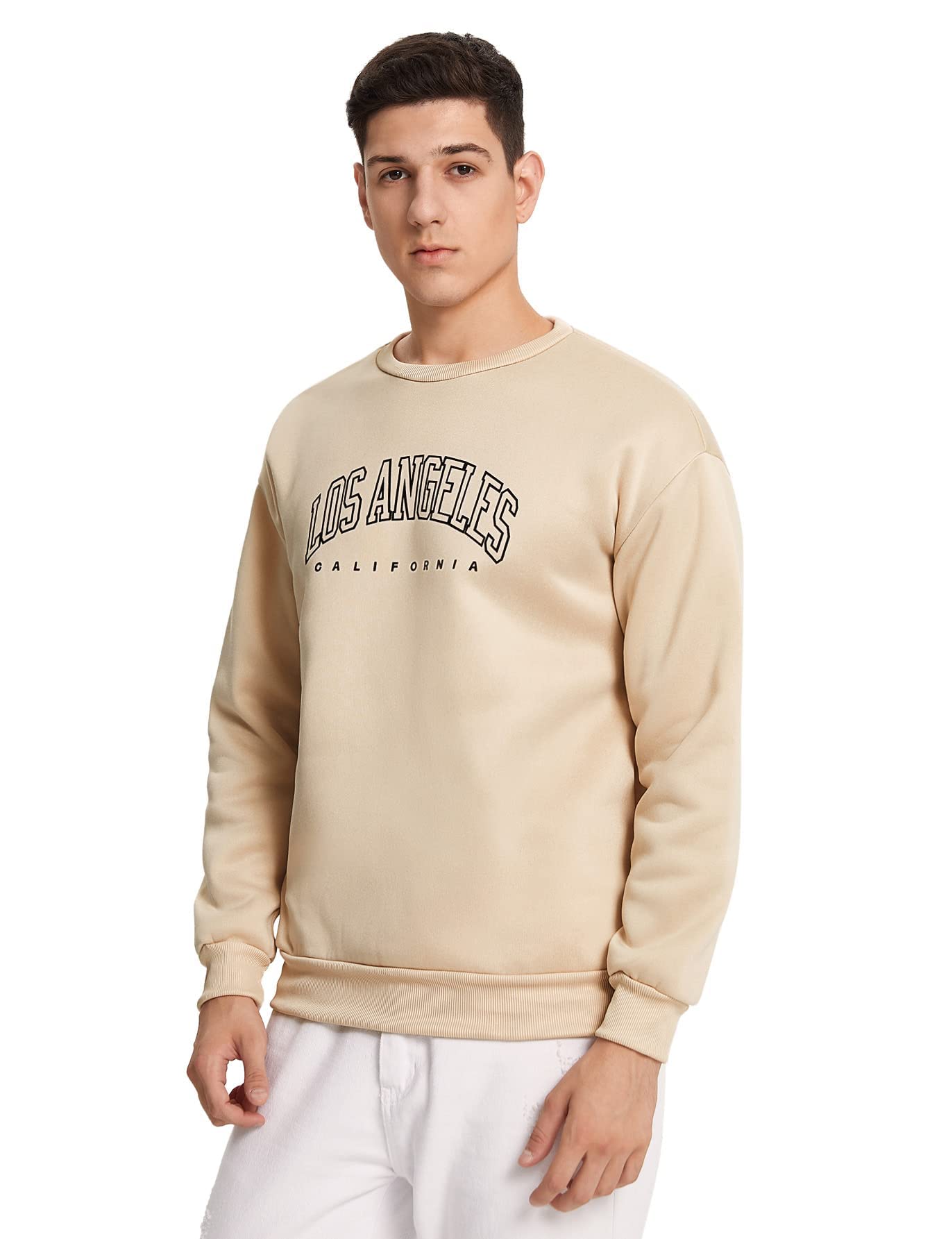 SheIn Men's Casual Letter Print Long Sleeve Crewneck Drop Shoulder Sweatshirt Tops Khaki M