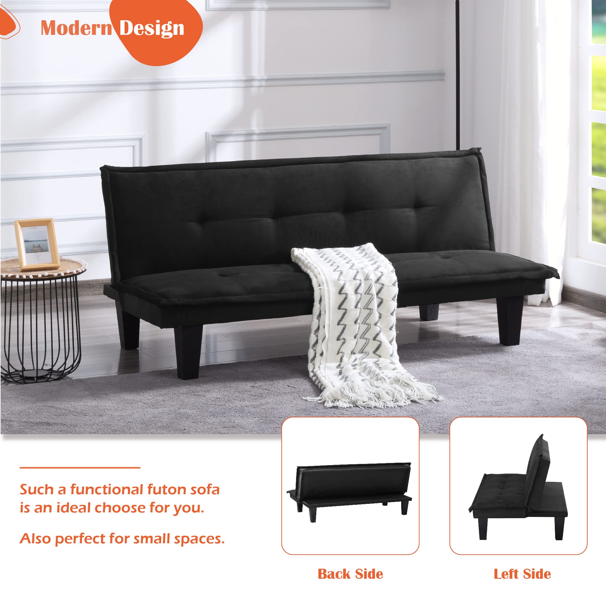 LCH Convertible Folding Sofa Bed, Futon Sofabed with 3 Adjustable Positions for Living Room, Home, 63.8” x29.9”x 28.3”, Black