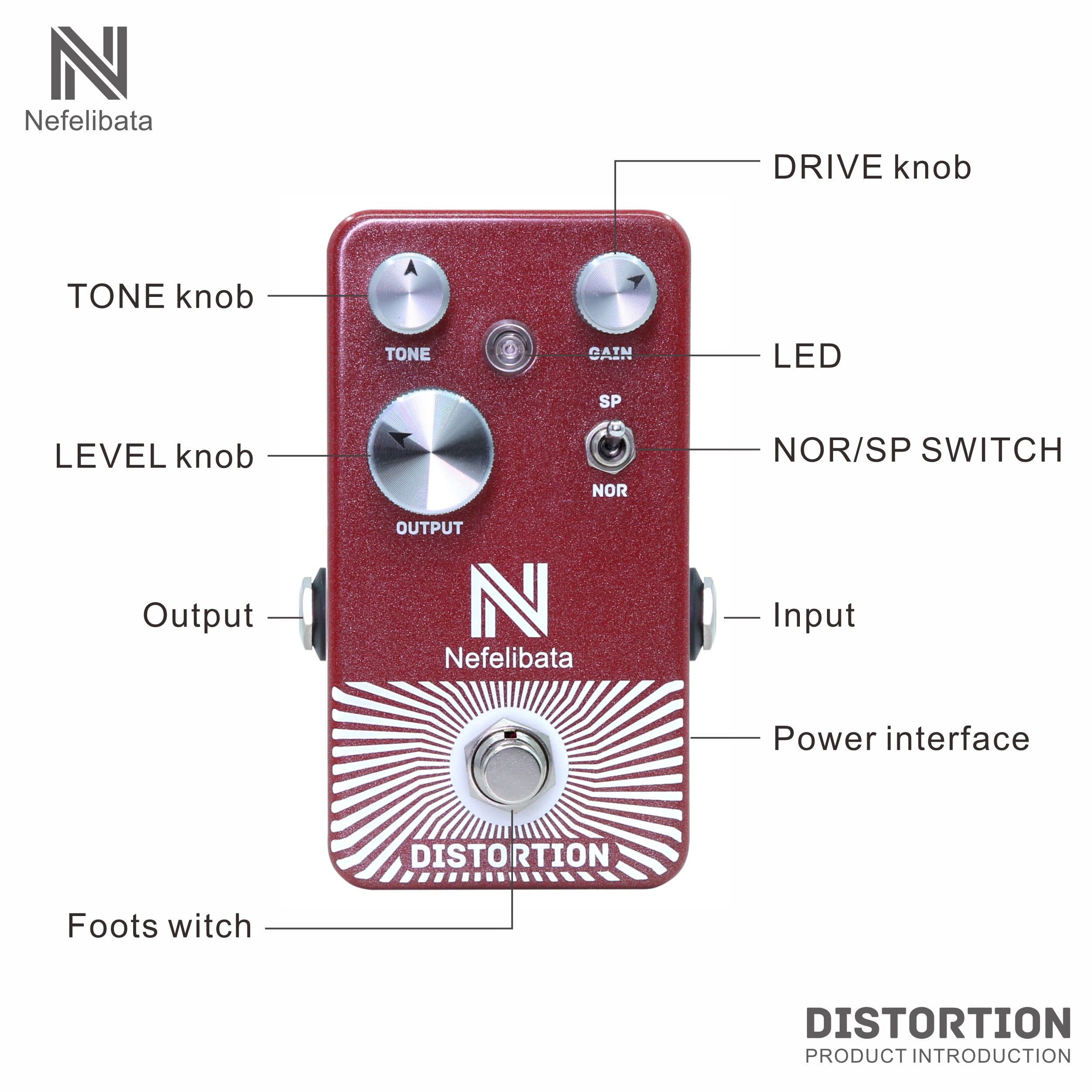 Nefelibata Distortion Electric Guitar Effects Pedal Handmade,Two Frequency Clipping Modes and True Bypass Design,Achieve CRUNCH/Delicate SOLO/Majestic Rock and Roll Distortion Tones -Red Metal Shell