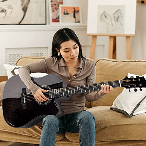 SheIRin 6 String Acoustic Guitar Beginner Starter Kit Guitarra Acustica Bundle Pack with Cutaway Body Set for Students Practice, Kids, Adults, Right, Black
