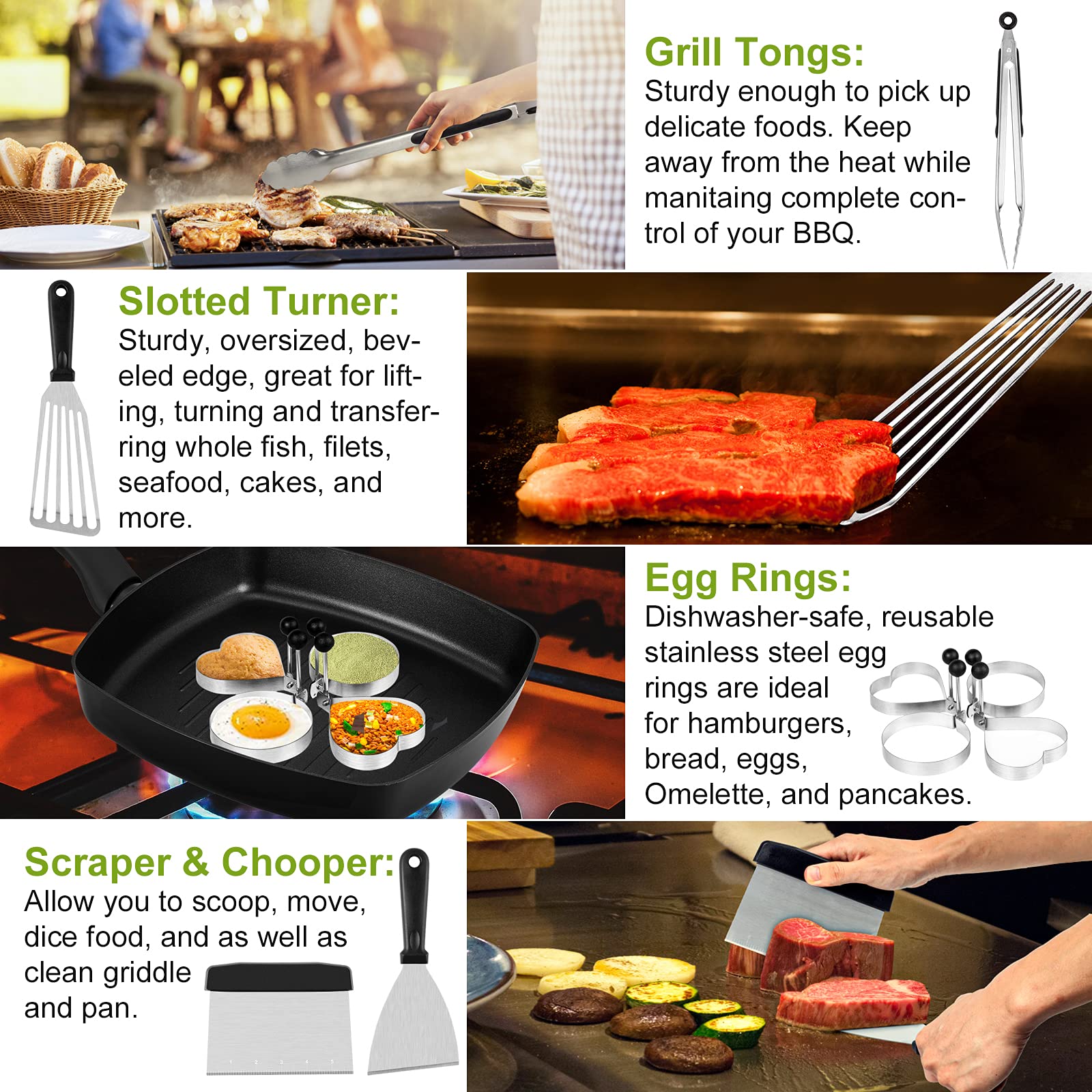OneLeaf Griddle Accessories, 41Pcs Flat Top Grill Chef, Professional Griddle Tools with Spatula, Basting Cover, Meat Injector, Egg Rings for Outdoor Camping